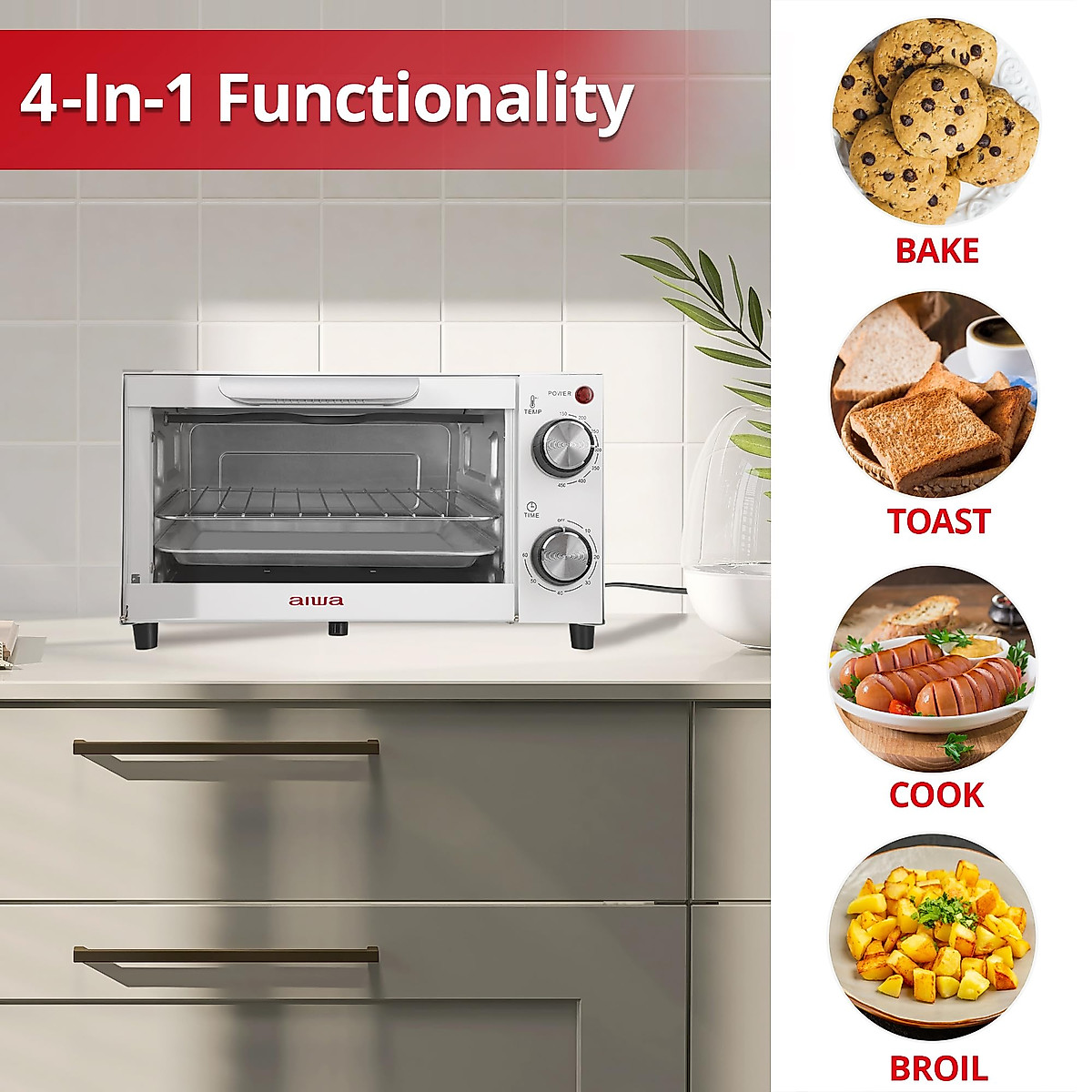 Aiwa 750W Toaster Oven 4 Slice with Baking Tray, Bake Toast Cook and Broil, Temperature Control, 60 Minute Timer Knob, Automatic Shutoff, Baking Tray and Crumb Tray Included