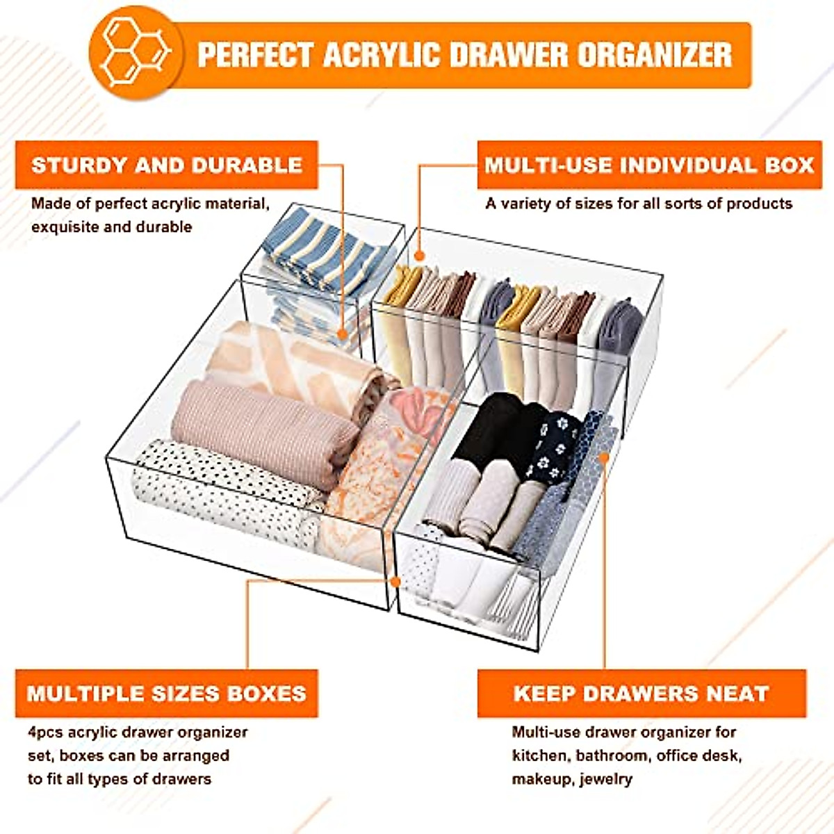ChengFu Deep Drawer Organizer, Deep Drawer Dividers, 4pcs Acrylic Junk Drawer Organizer Set, Multi-use Junk Drawer Organizer for Office Desk, Kitchen, Bedroom, Makeup, Jewelry, Bathroom