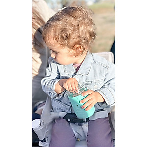 PandaEar 4 Pack Kids & Toddler Glass Cups, Glass Mason Jar Cups 8.45 oz with Silicone Sleeves & Straws, Toddler Spill-Proof Smoothie Cups