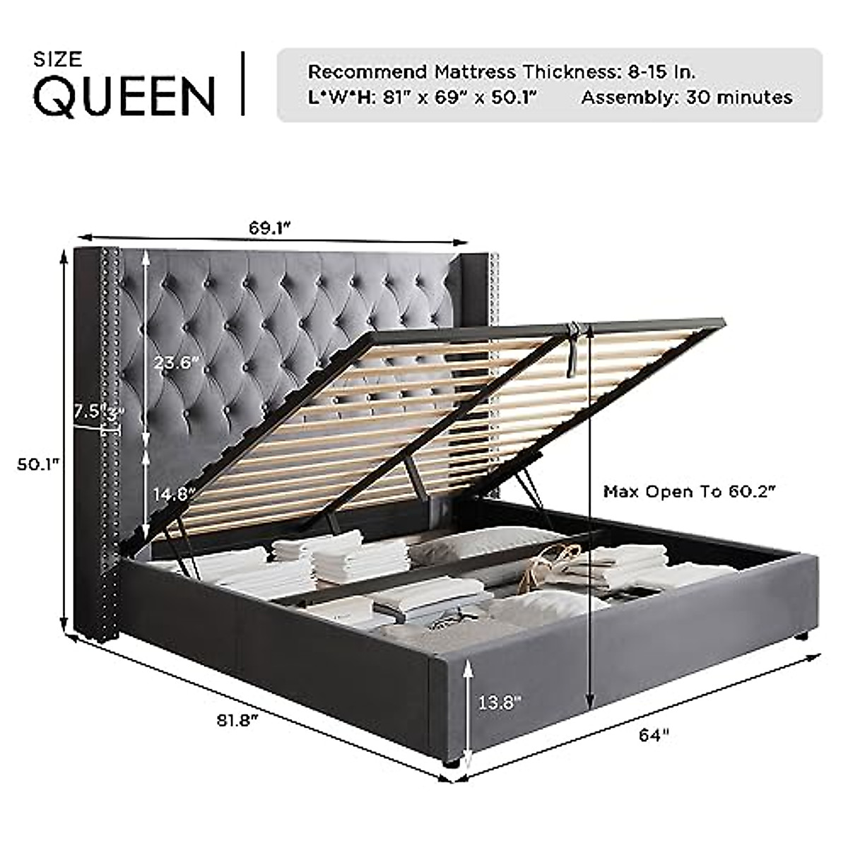 VanAcc Queen Bed Frame Lift Up Storage Bed with Headboard 50" Button Tufted Wingback/Hydraulic Lifting Storage Underneath/Wood Slats/Easy Assembly/Dark Grey