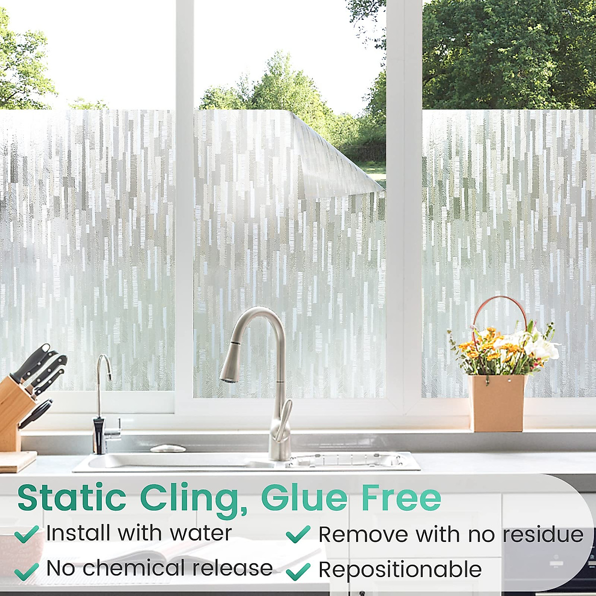 rabbitgoo Window Privacy Film, No Glue Frosted Glass Film, Static Cling UV Blocking Non Adhesive Reusable Heat Control Window Vinyl Clings for Home, Office, Frosted Silk, 17.5 x 78.7 Inches