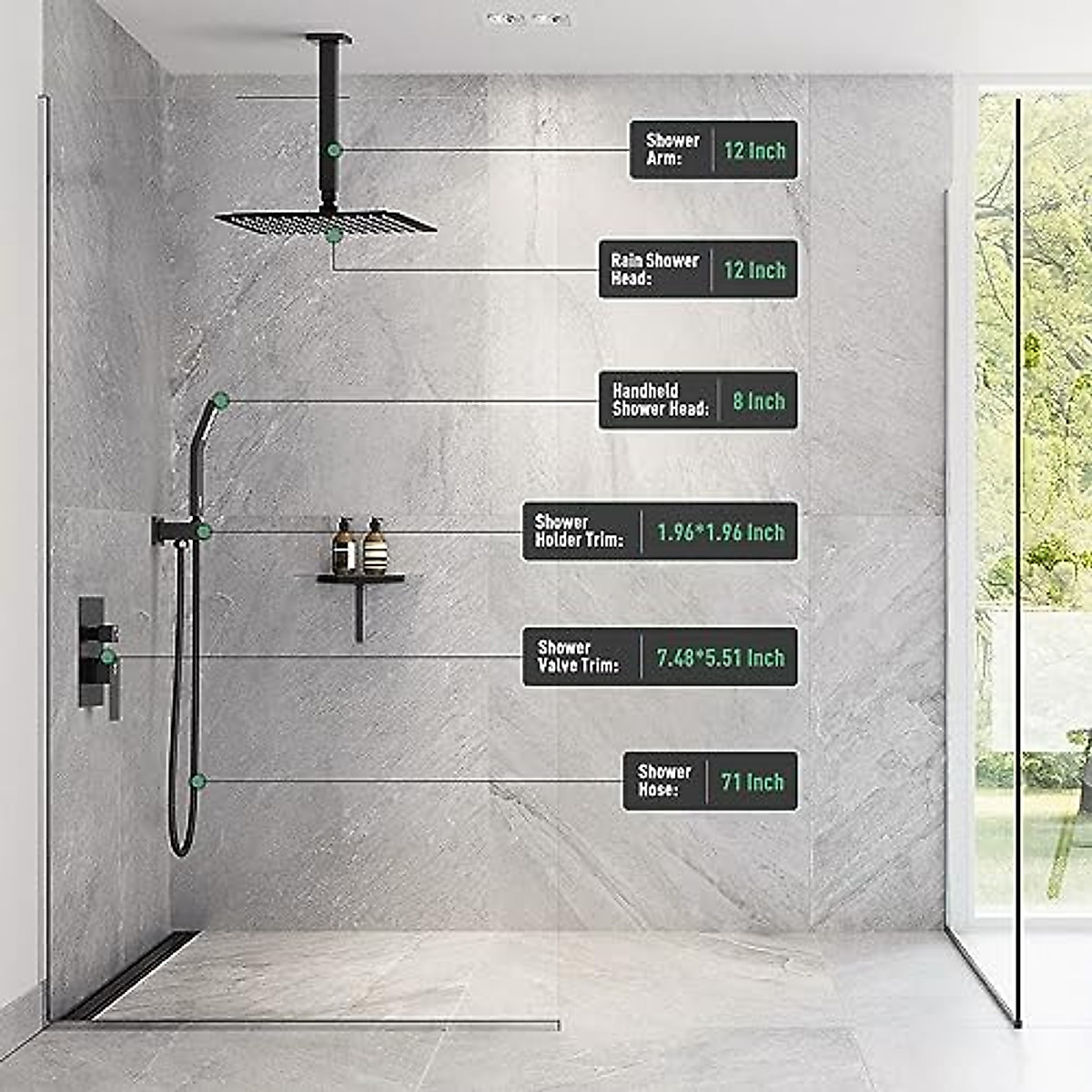 SR SUN RISE 12 Inch Ceiling Mount Matte Black Shower System Bathroom Luxury Rain Mixer Shower Combo Set Ceiling Rainfall Shower Head System Faucet Trim Repair Kits Rough-in Valve and Trim Included