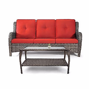 MeetLeisure Patio Furniture Set 2-Piece Wicker Outdoor Furniture Conversational Sets with 3-Seat Sofa, Patio Rattan Coffee Table Patio Rattan Wicker Sectional Sofa Set with Olefin Cushions, RED