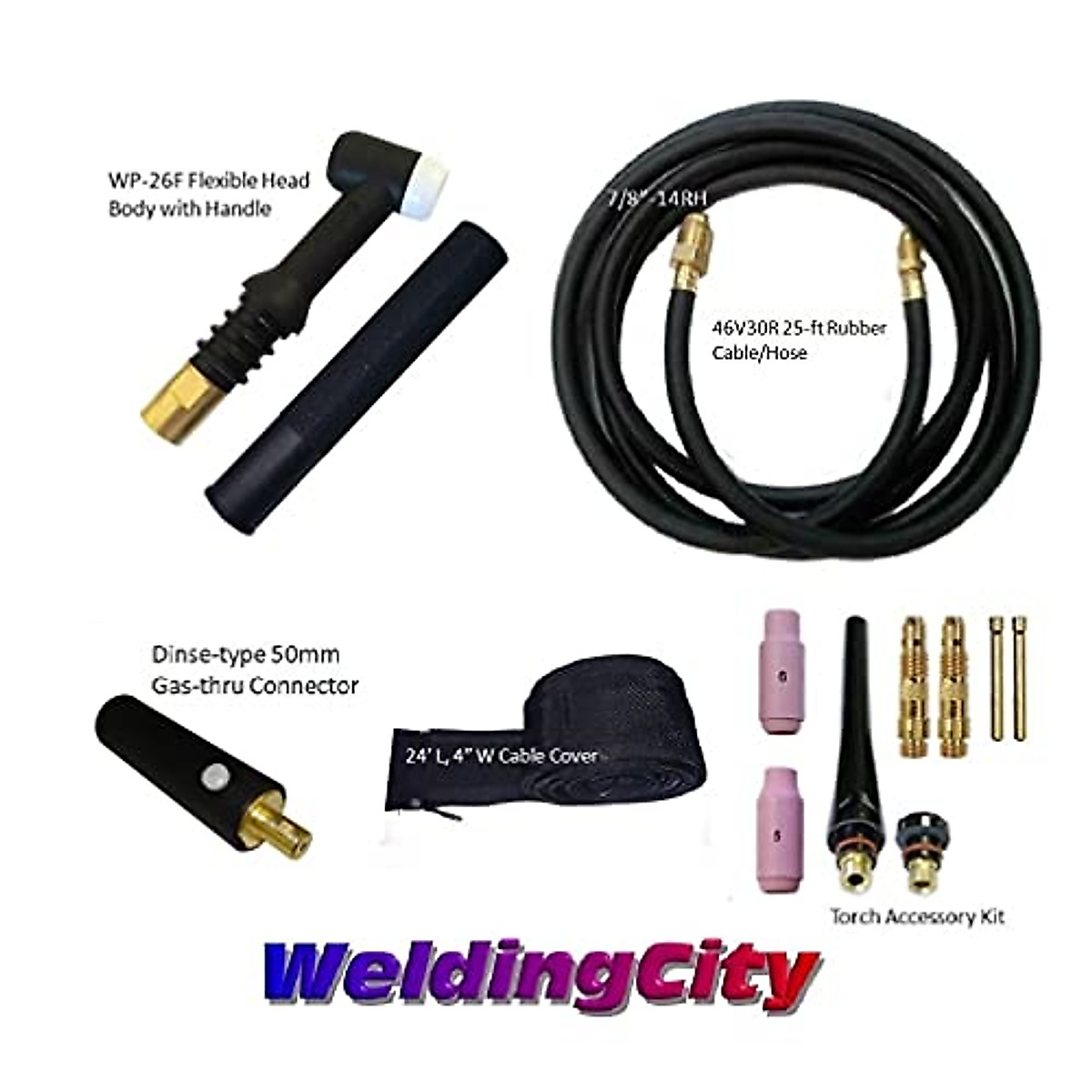 WeldingCity 200-amp WP-26F (Flexible Head) Air-cooled TIG Welding Torch Complete Package with 25-ft Power Cable Hose and Dinse 35-50 (1/2"-pin) In-line Gas-thru Cable Adapter