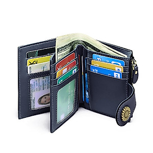Wallets for Women Small Bifold RFID Blocking Genuine Leather Wallet Vintage Zipper Short Card Holder Ladies Purse Elegant Clutch with ID Window (Dark Blue)