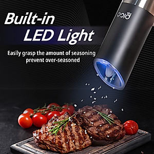 Picolife Portable Electric Pepper Mill - Coarseness Adjustable Stainless Steel Automatic Operation Grinder with Gravity Sensor & Blue Light, Battery Powered