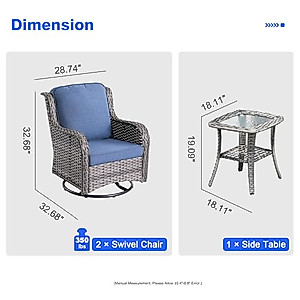 XIZZI Patio Swivel Rocking Chairs Set of 2,Outdoor 360 Degree Rotation Chair Matching Side Table,3 Pieces PE Wicker Patio Bistro Set (Grey Rattan Denim Blue)