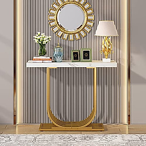 LITTLE TREE Entrway Top Modern Gold Console Table, Faux Marble White & Gold