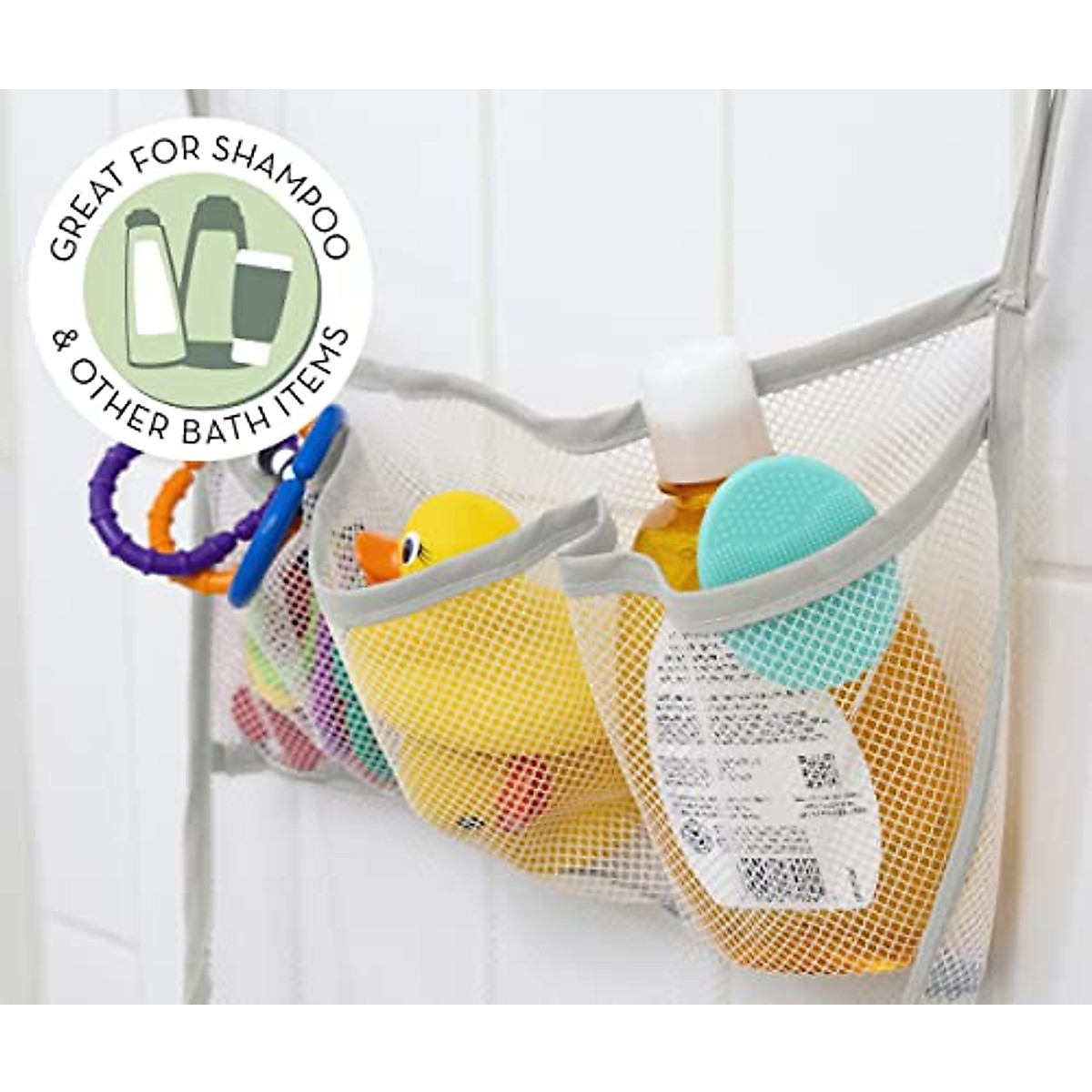 S&T INC. Baby Bath Toy Storage for Tub with Pockets, Kids Bath Toy Holder or Mesh Shower Caddy, Holds Kid Toys, Soaps, or Shampoos, 14 Inch by 20 Inch Net with Hooks Included, Grey, 1 Pack