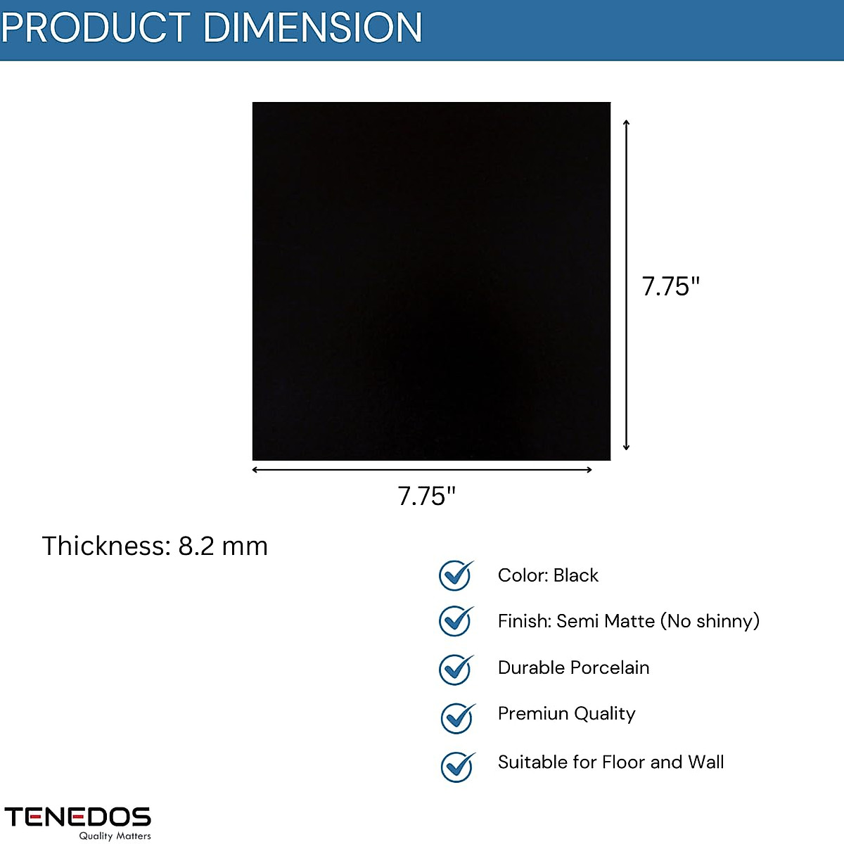 8x8 Subway Square Porcelain Floor Wall Tile Matte Finish for Backsplash Kitchen, Accent Decor, Bathroom Shower Tile (Black, Box of 30 Pieces (12.7 sq.ft))
