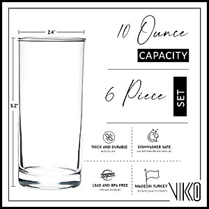 Vikko Water Glasses, Set of 6 Drinking Glasses, Thick and Durable Tumbler, 10 Ounce Tall Kitchen Glasses, Dishwasher Safe Highball Glass Tumbler, Heavy Duty Cups