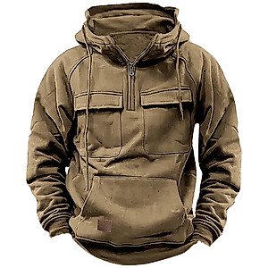 PARREN Men's Tactical Sweatshirt Quarter Zip Cargo Pullover Hoodies Workout Gym Sports Running Outdoor Winter Jackets Khaki