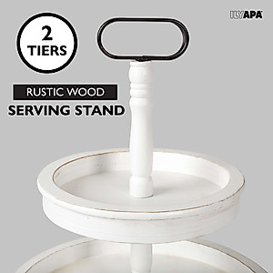 Ilyapa Decorative Farmhouse Tiered Serving Tray Stand - 2 Tier Rustic Wooden Serving Stand with Handle - White, 16 x 14.5 x 14.5