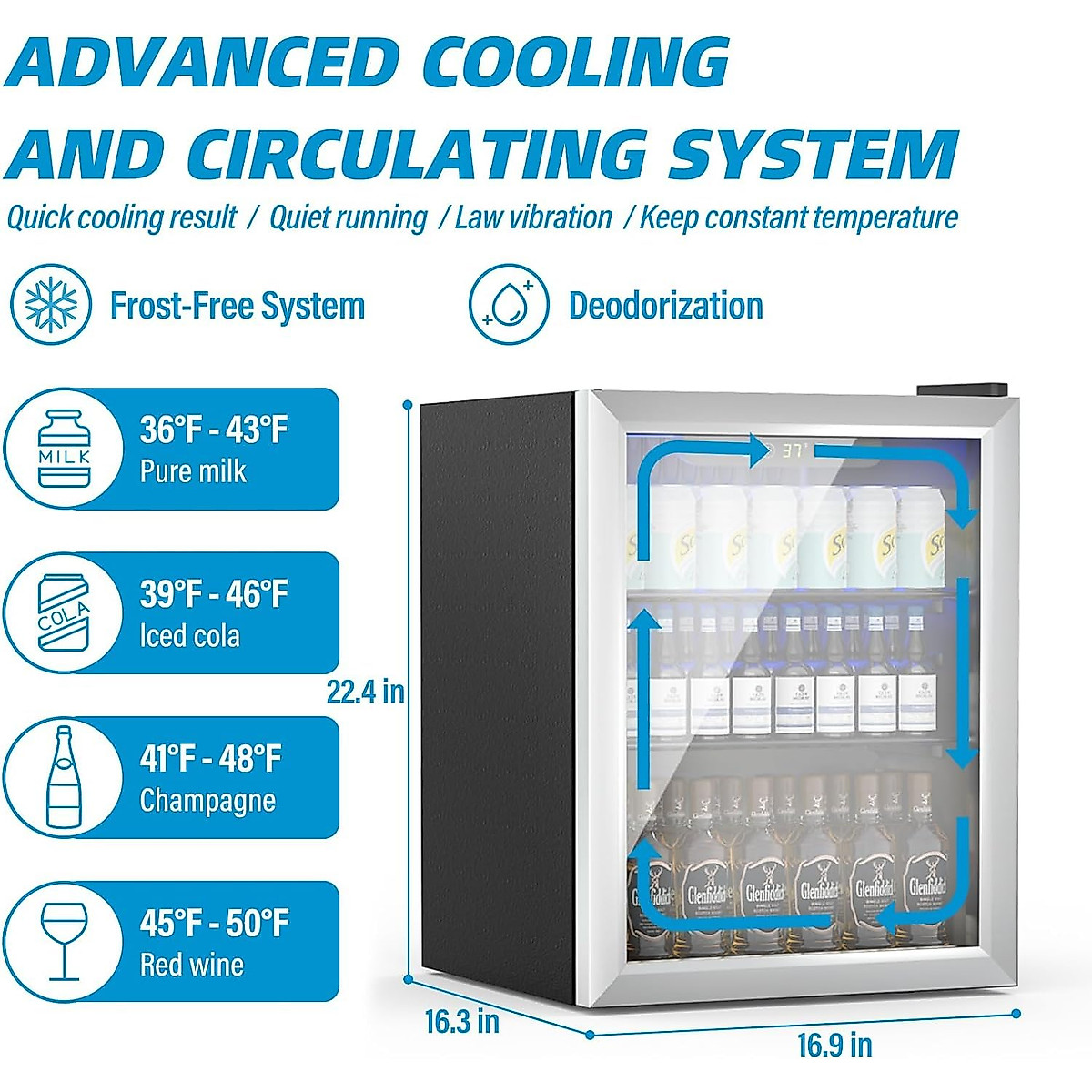 Erivess Beverage Refrigerator and Cooler, 76 Can/1.7 Cu Ft Mini Fridge with Glass Door, Adjustable Shelves for Soda,Bee,Wine, Free Standing Beverage Organizer, Digital Display, for Home, Bar, Office