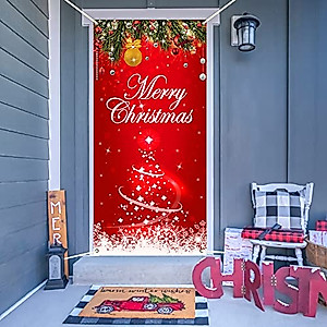 Merry Christmas Backdrop Banner - Red Door Decorations for Xmas Photo Booth Prop