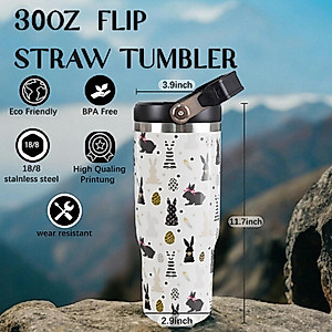 30oz Easter Tumbler with Handle and Straw, Black Rabbits Insulated Tumbler, Leak Proof Travel Coffee Mug, Reusable Stainless Steel Easter Egg Tumbler, Easter Gifts for Women (black white)