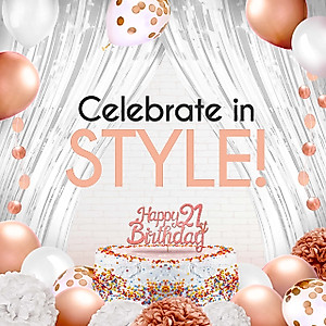EpiqueOne 41-Piece Rose Gold 21st Birthday Decorations for Women | Includes Happy Birthday Banner, Cake Topper, Tissue Pom Poms & More | Easy to Set Up | Also Ideal for Bridal and Baby Showers & More