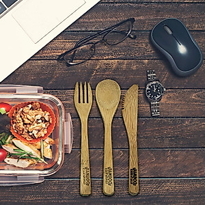 Bamboo Travel Utensil Set | Bamboo Fork, Knife, Spoon, Chopsticks, Straw, Straw-cleaning brush, Travel Pouch and Carabiner | Excellent For Everyday Use! ((1Set) Midnight Black)