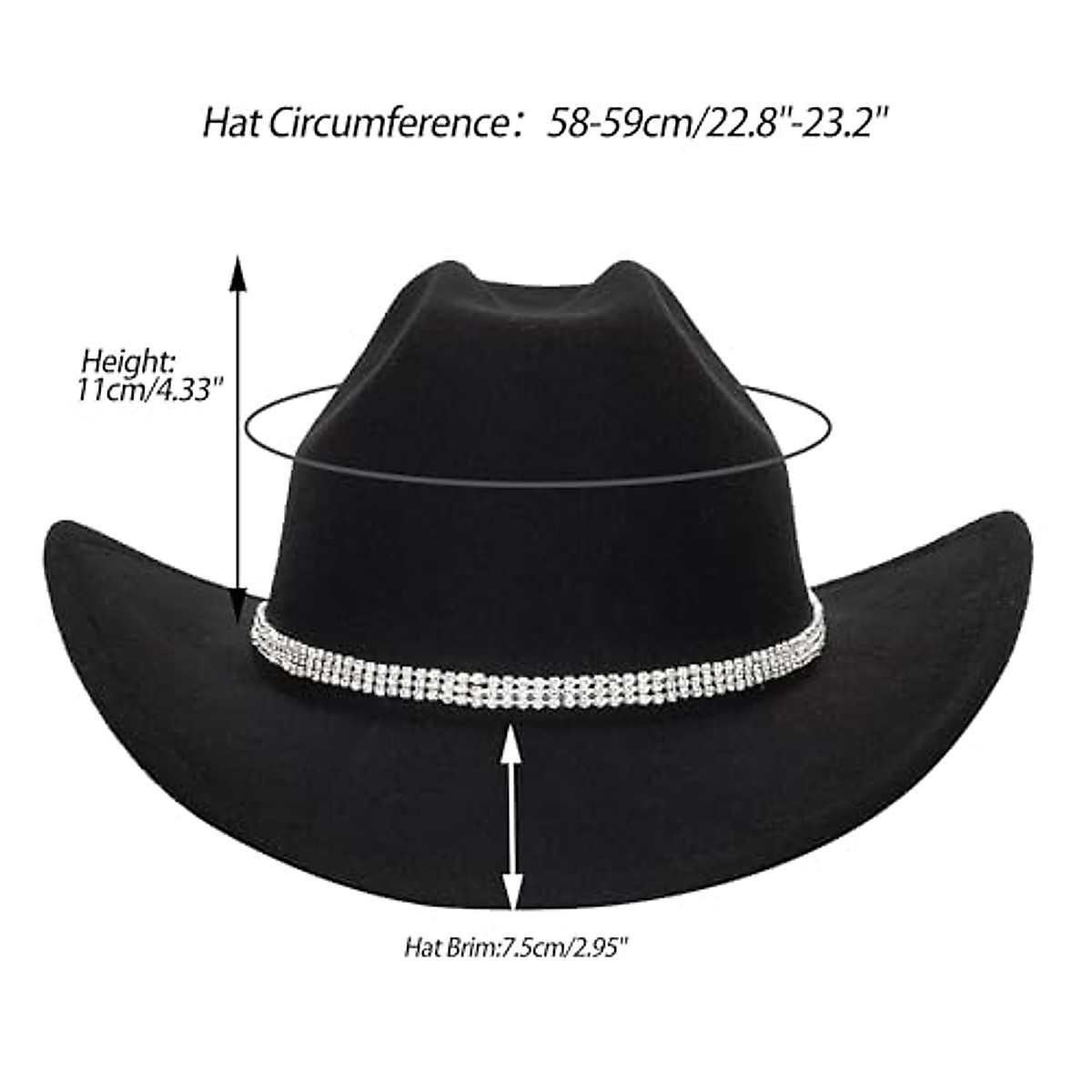Women-Rhinestone-Western-Cowboy-Hats - Vintage-Wide-Brim-Cowgirls-Hat Bling-Diamond-Hat for Disco Music Party M/L Black