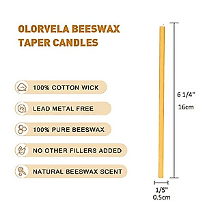 olorvela Beeswax Taper Candles Candlesticks Bulk - Skinny Taper Candles, Thin Beeswax Candles Tall Birthday Candles for Cake, 50pcs 6.3" for Hanukkah, Home Decor, (Yellow)