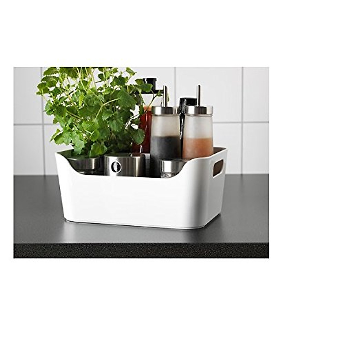 VARIERA Open Storage Box,Kitchen Cabinet and Pantry Storage Organizer Bin - Two Cut-Out Handles That Make 9.4 x 6.75 x 4.3 Inches (Black /White)