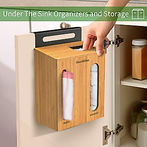 JiocoVino Grocery Bag Holder & Trash Bag Dispenser, Bamboo 2 in 1 Plastic Bag Holder for Grocery Bags and Garbage Bags, Kitchen Under the Sink Organizers and Storage, Fits 13 Gallon Trash Bag