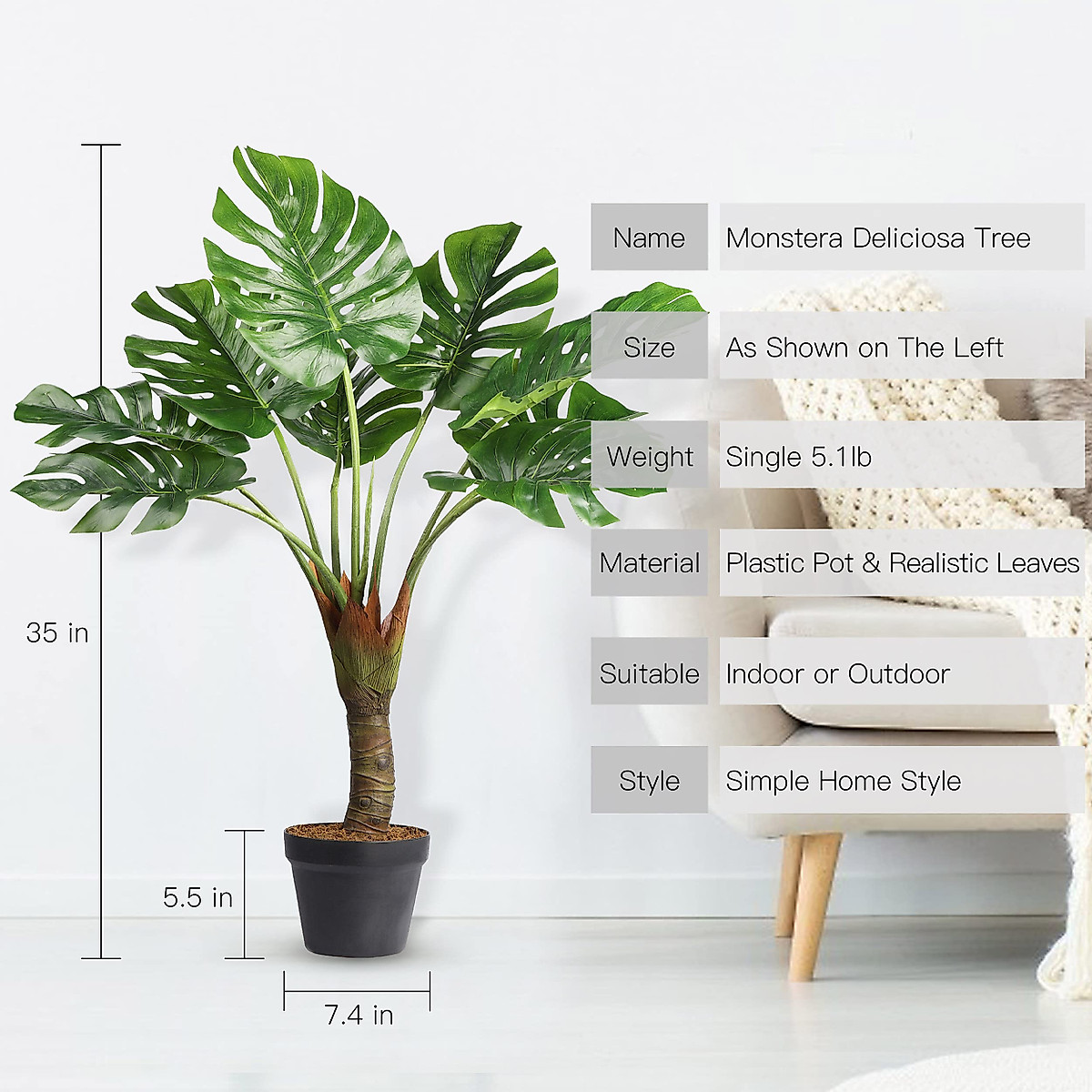 URtree 35'' Large Fake Plants Artificial Tree Monstera Plant Indoor for Home Office Garden Farmhouse Plants Decor