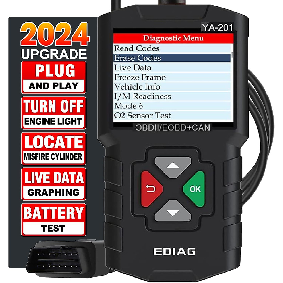 EDIAG YA-201 Obd2 Scanner, Full OBD2 Modes Check Engine Code Reader After 1996 All OBDII/EOBD/KOBD/CAN Cars, O2 Sensor EVAP Systems, Battery Test,Live Data Stream,Plug & Play
