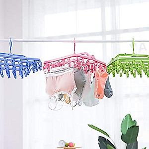 HAPY SHOP Foldable Laundry Hanger Drying Rack,Plastic Laundry Clip with 32 Clips,Clip Hanger Drip Drying Hanger Underwear Hanger with Clips for Socks, Bras, Lingerie, Clothes,Towel,Scarf,Blue