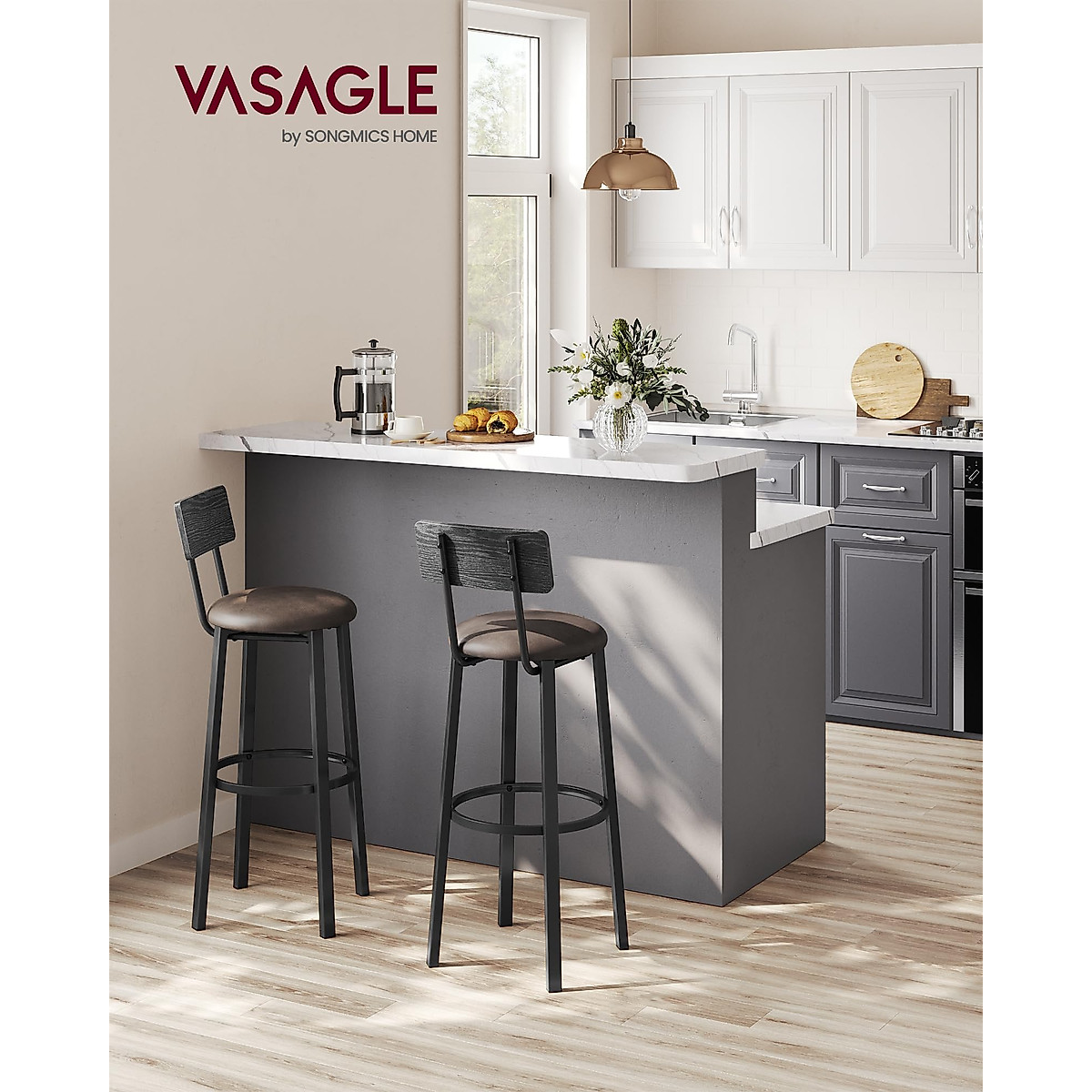 VASAGLE Bar Stools, Set of 2 PU Upholstered Breakfast Stools, 29.7-Inch Barstools with Back and Footrest, Simple Assembly, for Dining Room Kitchen Counter, Classic Black and Coffee Brown ULBC069B82