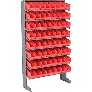 Global Industrial Floor Rack, 8 Shelves w/ (64) 4" W Red Bins, 33x12x61