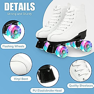 Gets Women's Roller Skates PU Leather High-top Roller Skates Four-Wheel Roller Skates Shiny Roller Skates for Girls Unisex (White Flash Wheel,US: 6)