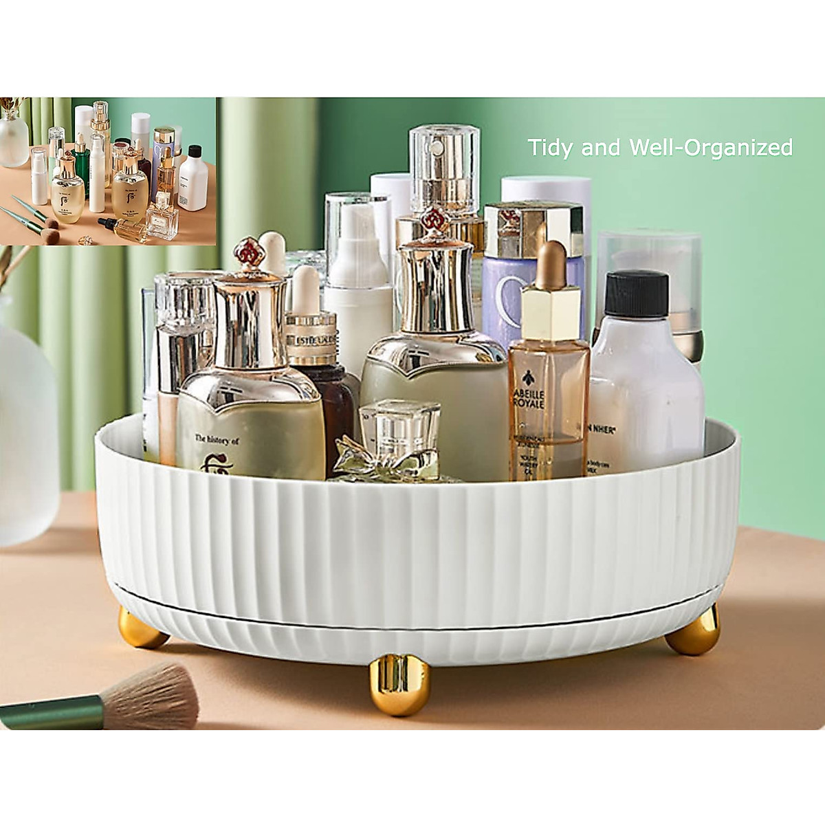 Hibekol 360° Makeup Organizer - 8.66" Diameter Spinning Skincare Perfumes Organizer - Cosmetics Organizer for Vanity Countertop and Bathroom Dresser - Lazy Susan Storage Box (White)
