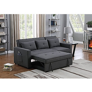 Rovinj Contemporary Convertible Sleeper Sofa with Side Pocket in Linen Fabric (Dark Gray)