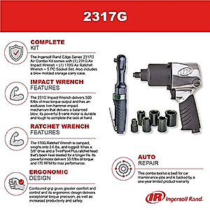 Ingersoll Rand 2317G Edge Series Kit with 231G Air Impact & 170G Air Ratchet Wrench, 5 Piece Socket Set and Storage Carry Case, Ergonomic Grips, Black