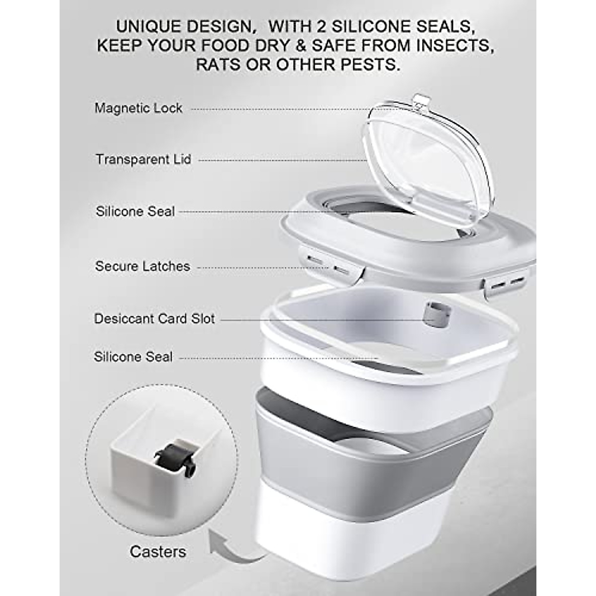 Somkaco Collapsible Food Storage Container with Transparent Lid, Scoop and Wheels, Large food storage for Dog, Cat and Other Pet