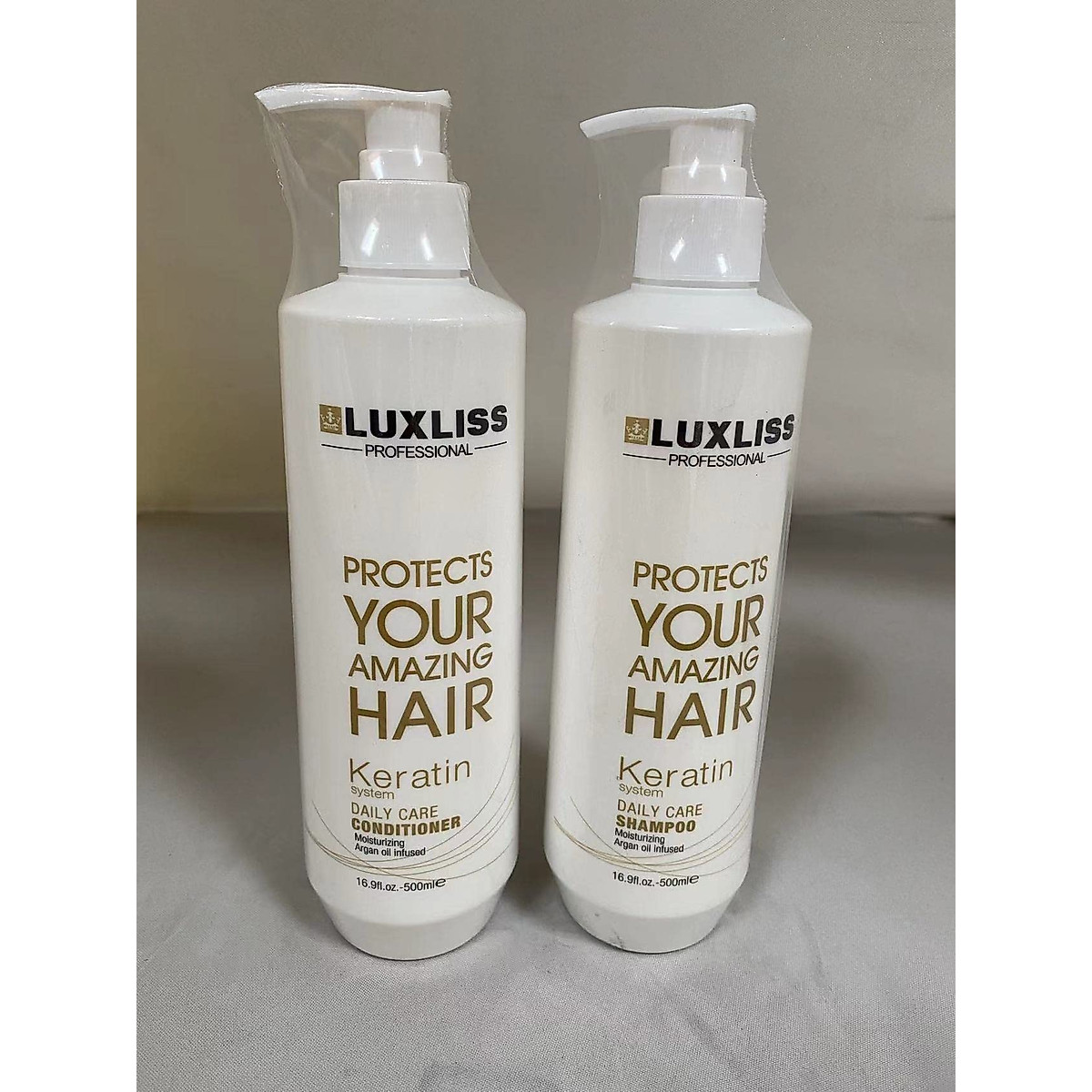 Luxliss Keratin Daily Care Shampoo and Conditioner Set, 2 Pack (16 Fl Oz each), Moisturizing, Anti-frizz, Repairing, for Chemically Treated Hair, Argan Oil
