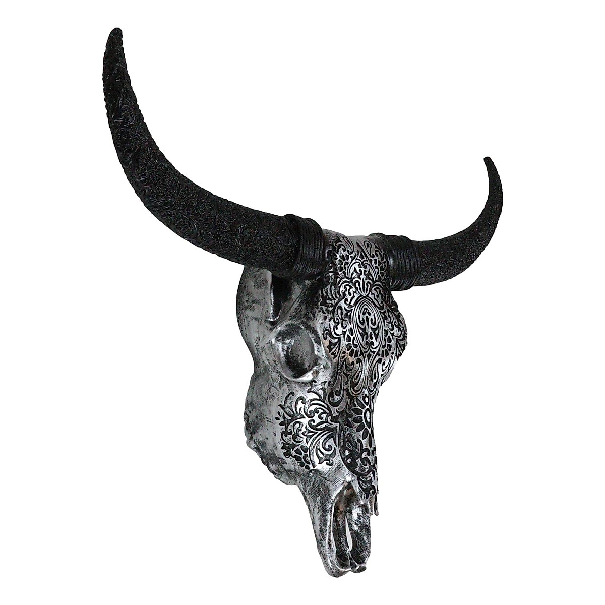 Ebros Gift Silver and Black Tribal Floral Vines Tooled Steer Bison Bull Cow Skull Head with Horns Wall Mount Decor Artistic Replica Native Animal Bust Skulls Hanging Mounted Plaque Sculpture