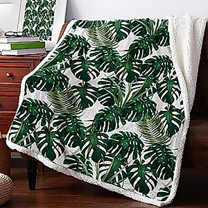 Sherpa Fleece Blanket Thick Tropical Leaves Monstera Bed Blanket Soft Cozy Luxury Blanket 40"x50" - Fuzzy Thick Reversible Super Warm Fluffy Plush Microfiber Throw Blanket for Couch