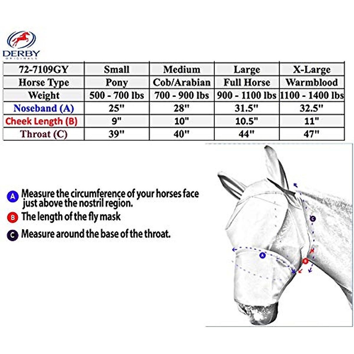 Derby Originals Reflective Mesh Fly Mask with 1 Year Warranty Includes Ears and Nose Cover,Summer Blue,Large (Full/Average),72-7109SB-L