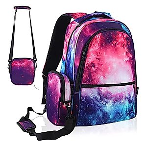 E-Clover Backpack for School Girls Kids Galaxy Backpacks Elementary School Bags Water Resistant Bookba with Removable Shoulder Bag Rucksack Purple Pink Birthday Gifts