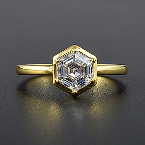 RIZILIA BEEHIVE Hexagon Solitaire Ring with Custom-Cut 1CT (6mm) Gemstone [White Cubic Zirconia] in 18K Yellow Gold Plated, Size 7