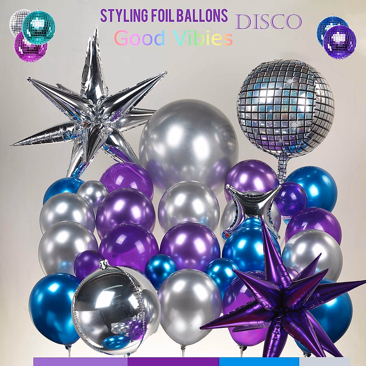 Chrome Purple and blue Disco Balloon garland Arch Kit 160pcs Metallic disco party decorations with Starburst disco ball balloons for Galaxy birthday 2024 graduation prom decorations