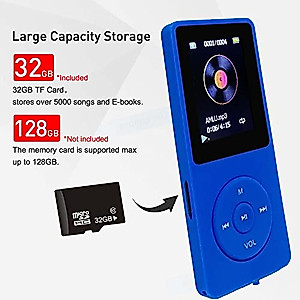 MP3 Player 32GB with Speaker FM Radio Earphone Portable Mini Blue Music Player Voice Recorder E-Book 1.8 inch HD Screen Support up to 128GB
