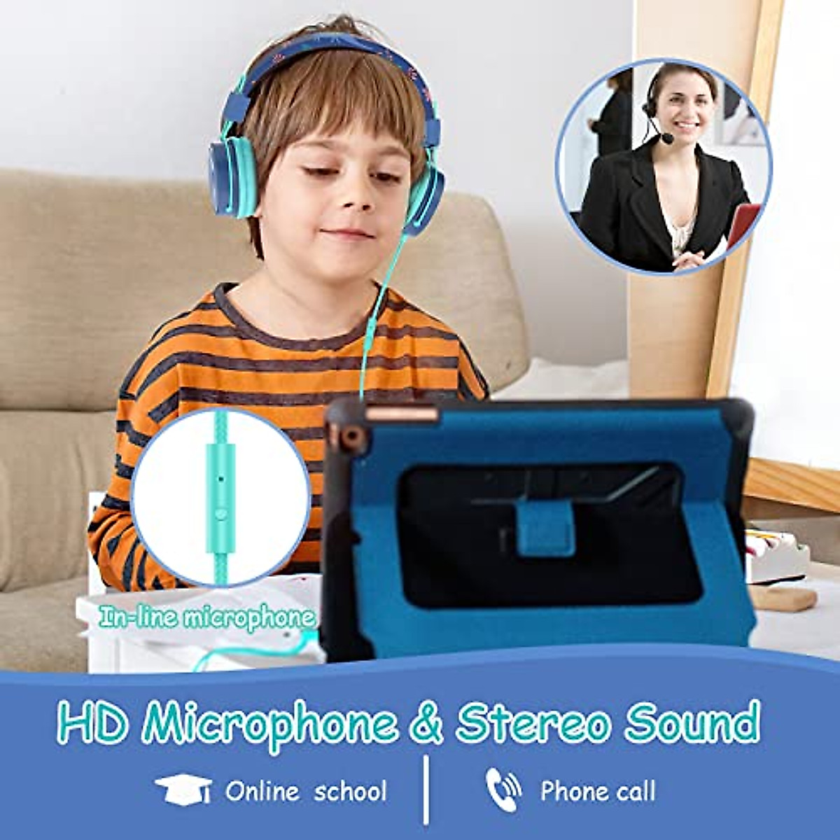 BASEMAN Kids Headphones, Headphones for Boys Girls Children Teens 3.5mm Jack Wired On Ear Headset 85dB Volume Limit Stereo Earphones with Microphone for Smartphones School Kindle ipad PC Tablet - Blue