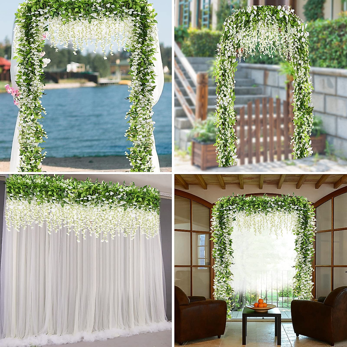 10 Pcs Wisteria Artificial Flowers Garland White Artificial Flowers Fake Flowers Silk Wisteria Garland Vine Hanging Flower for Wedding Arch Home Garden Outdoor Party Decor(White,Total 72.2ft)