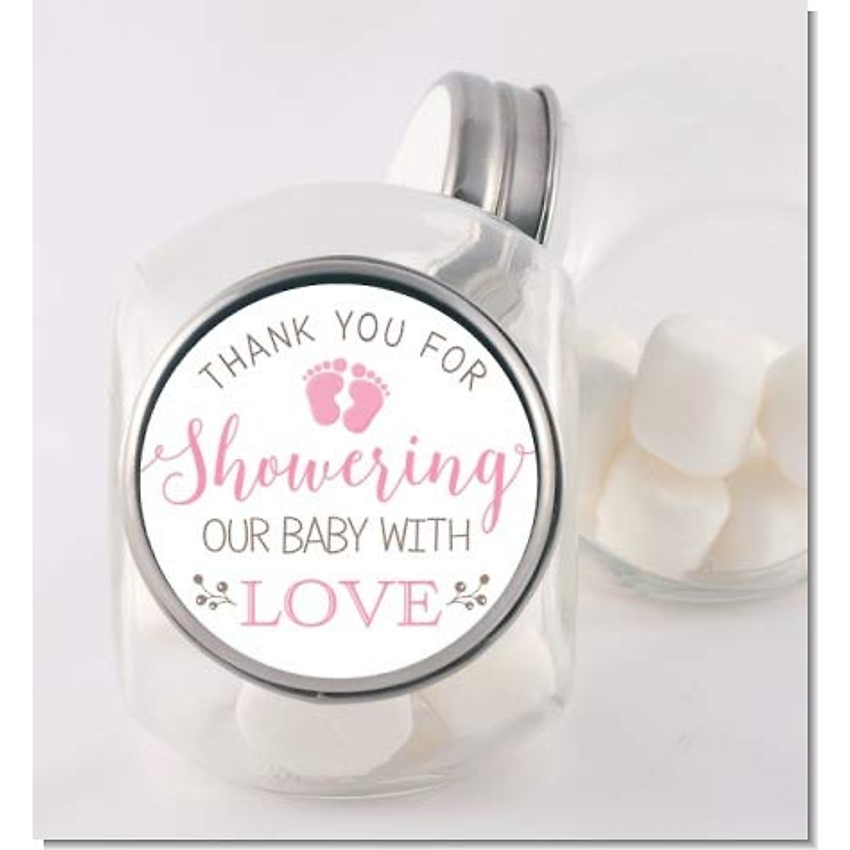 Baby Shower Stickers | Pink | Thank You for Showering Our Baby with Love | 48 Stickers - 1.67 Inches Round | Baby Shower Stickers for Girls | Pitter Patter - Tiny Baby Feet Baby Shower Labels