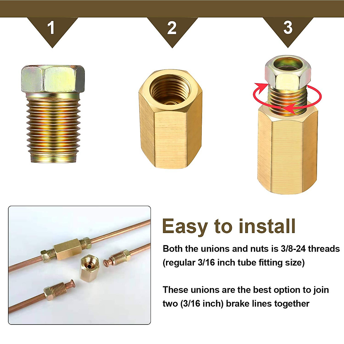 Frienda 12 Pieces 3/8 Inch-24 Threads Brake Line Fittings Assortment for 3/16 Inch Tube (4 Unions, 8 Nuts)