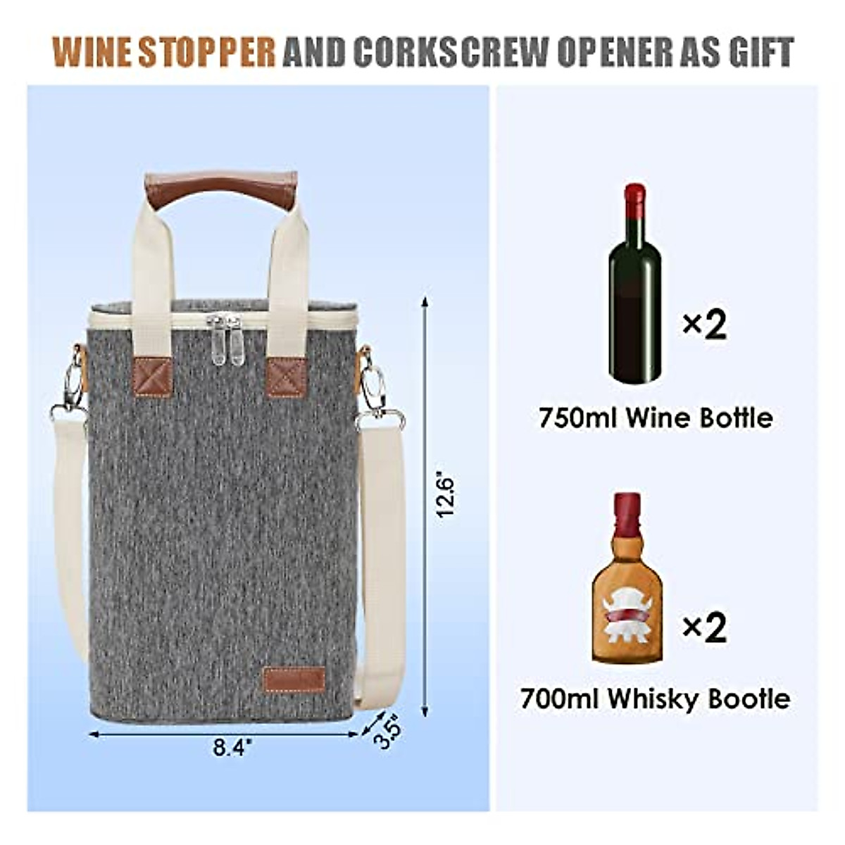Insulated Waxed Canvas Padded Wine Cooler Bag - Portable Tote Carrier with Corkscrew Opener for Travel, Party, Beach, Wedding for Wine Lovers (Grey)
