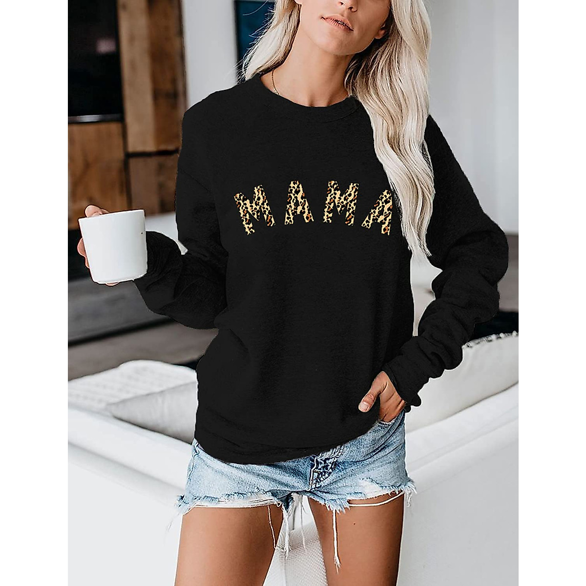 Tomteamell Women's Mama Crewneck Sweatshirts Long Sleeve Cheetah Print Leopard Mom Shirts XL Black